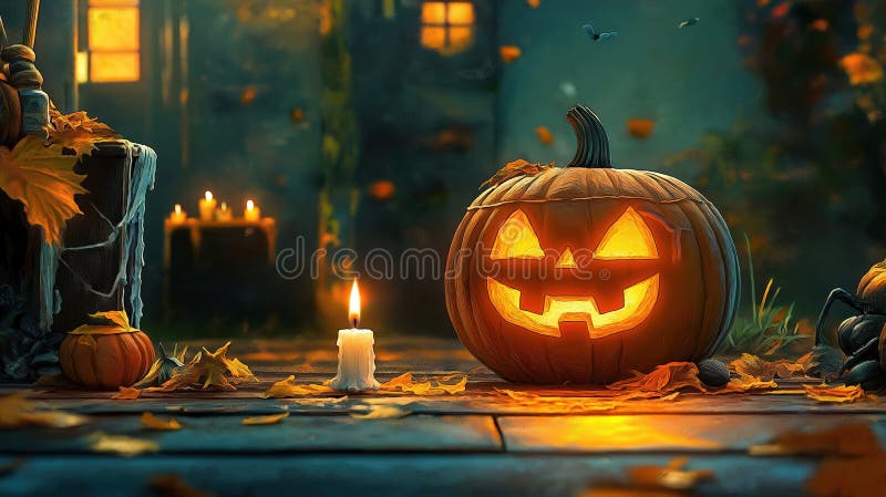 Spooky Halloween Scene Shows Jack-o-lantern with Candle Glowing Inside ...