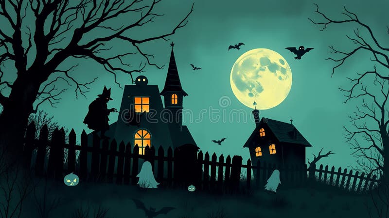 Spooky Halloween Scene with a Witch and Ghosts Stock Illustration ...