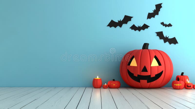 Spooky Halloween Setting with Glowing Jack O Lanterns, Bats in Flight ...