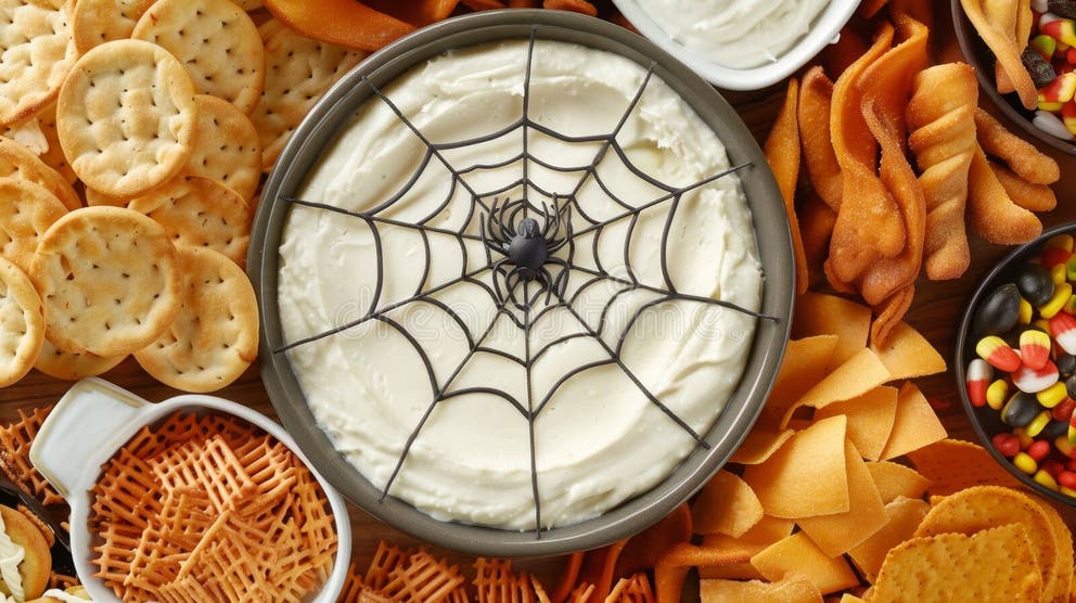 Spooky Halloween Spider Web Dip with Assorted Snacks Stock Image ...