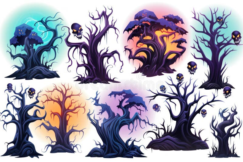 Spooky Halloween Stickers with Haunted Trees on White Background AI ...