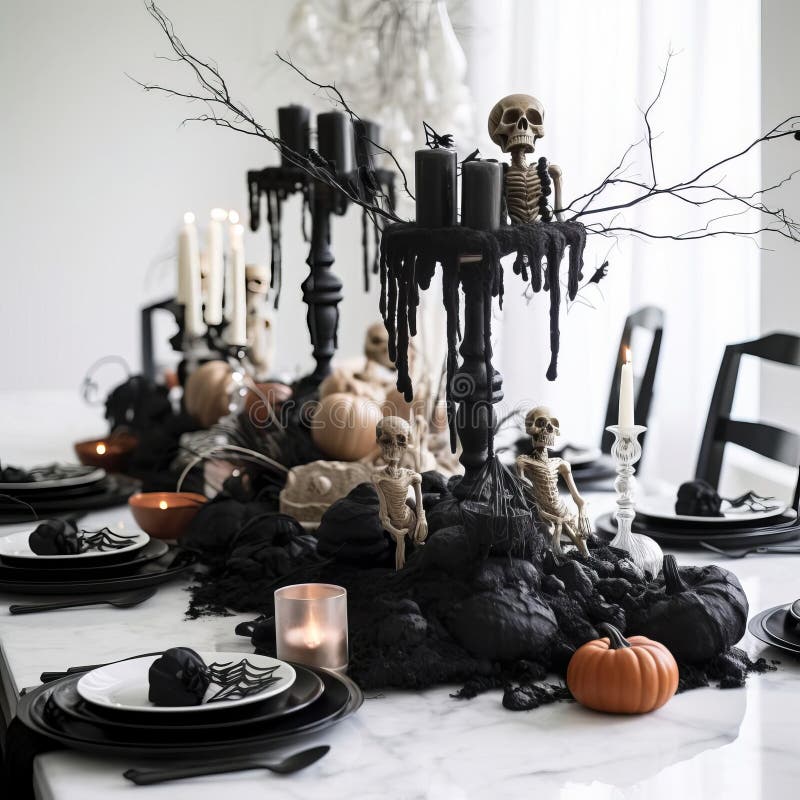 Elegant Dark Whimsy: Halloween Table Decorations on White Background ...