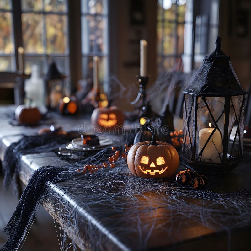 Spooky Halloween Table Setting Stock Illustration - Illustration of ...