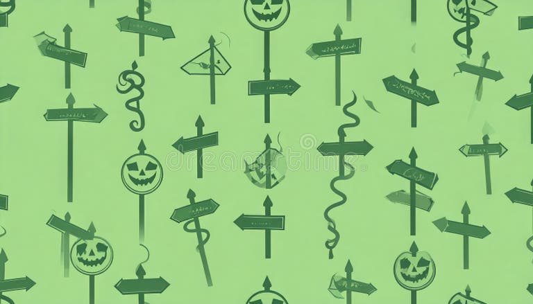 Spooky Halloween-themed Directional Signs Pattern on a Green Background ...
