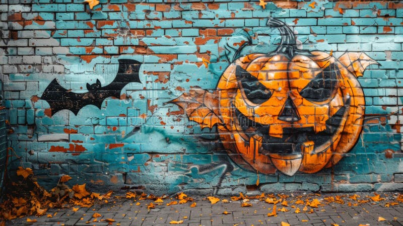A Spooky Halloween-themed Graffiti Mural on a Brick Wall, Featuring a ...