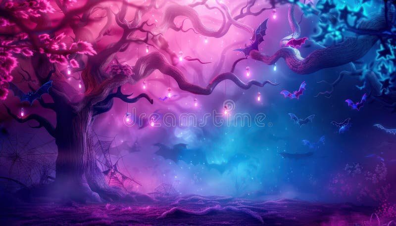 Spooky Halloween Tree with Hanging Bats and Lights, Haunting Forest ...