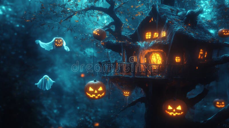 Spooky Halloween Treehouse with Jack-o -Lanterns and Ghosts Stock ...