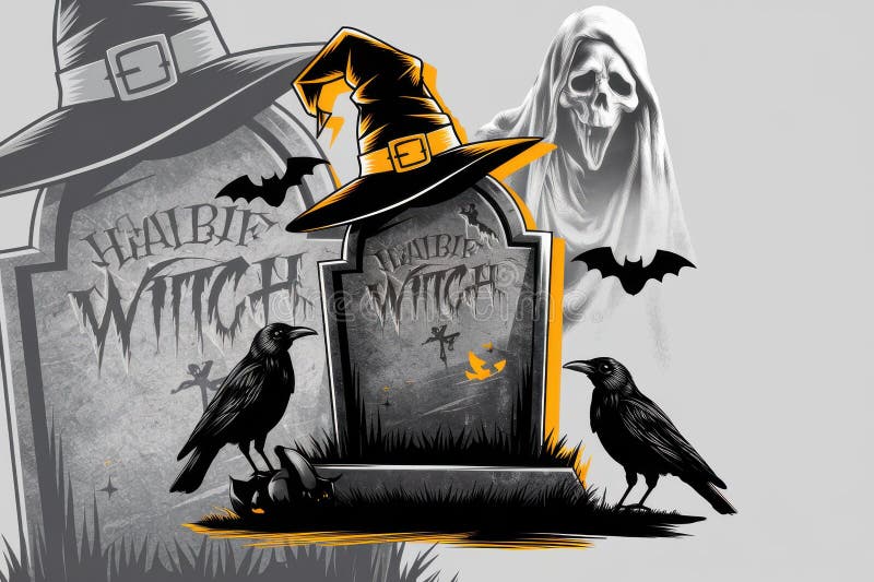 Spooky Halloween Witch Gravestone Illustration Crows Halloween ...