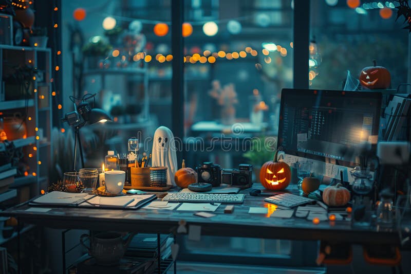Spooky Halloween Workspace stock illustration. Illustration of lamp ...