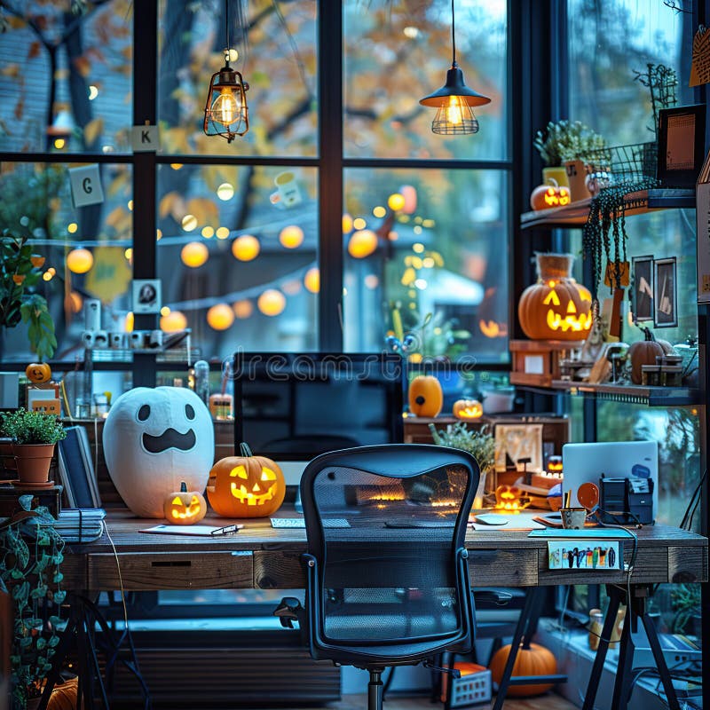 Spooky Halloween Workspace with Pumpkins and Ghost Plush Stock ...