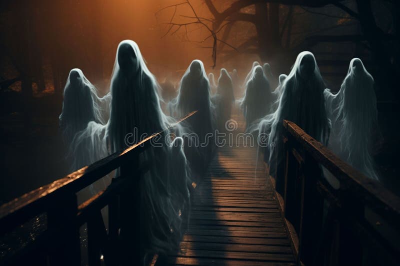 Spooky Haunted Bridge Ghosts Ghostly Figures on Stock Illustration ...