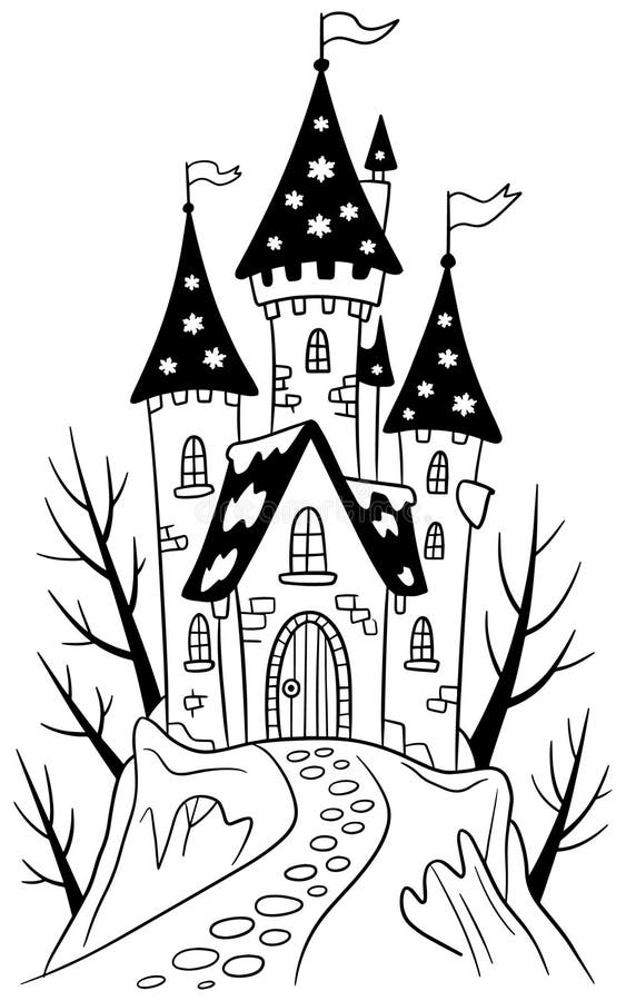 Spooky Haunted Castle on a Hill with Stars and Bare Trees Coloring Page ...