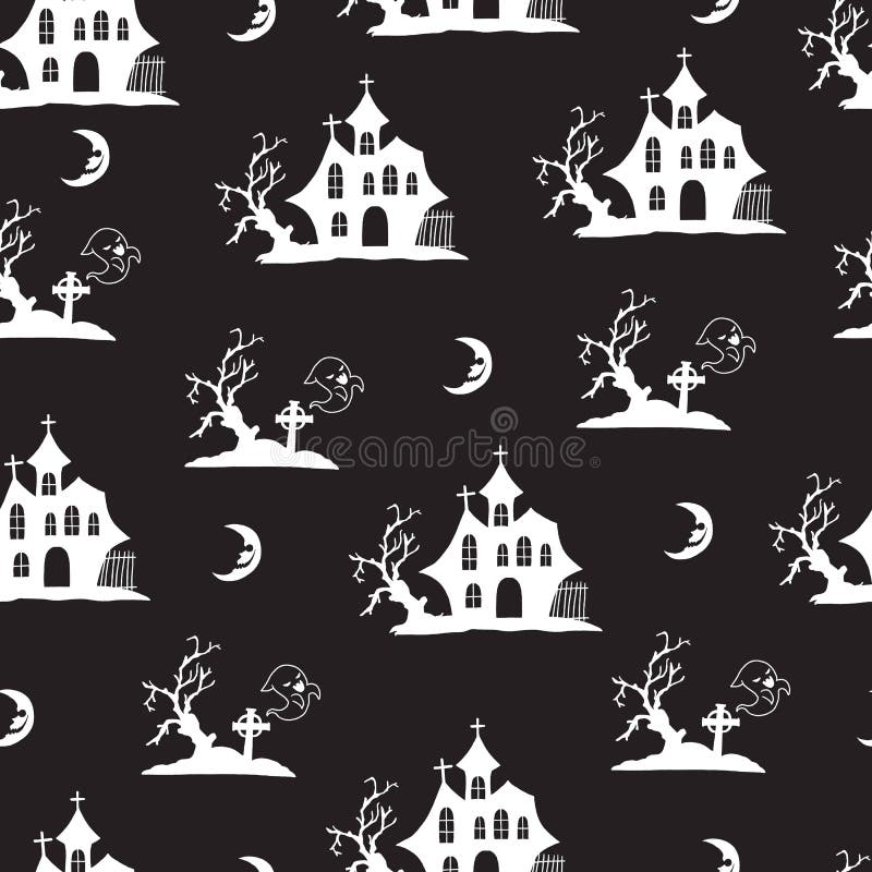 Spooky Haunted Castle in the Night Vector Graphic Seamless Pattern ...