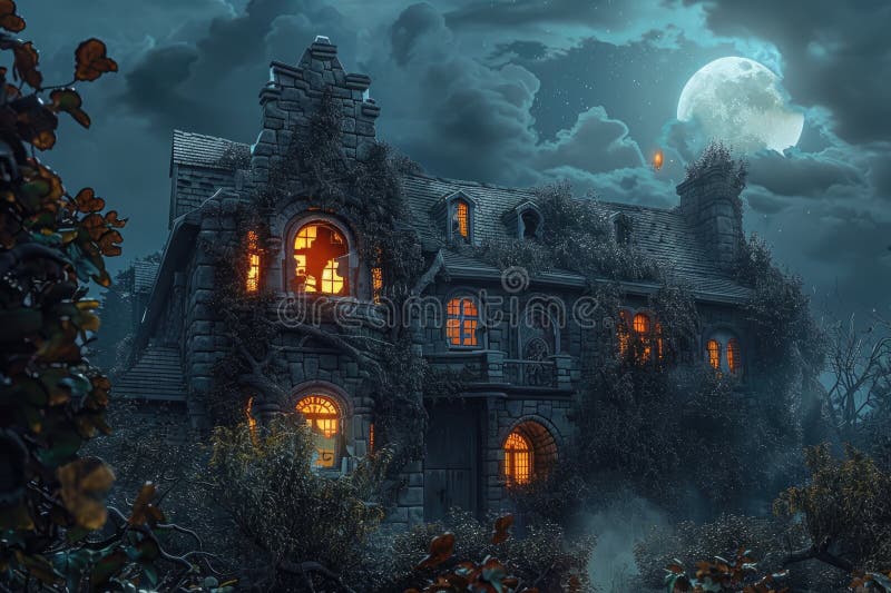 A Spooky Haunted House with Broken Windows, Overgrown Vines, and ...
