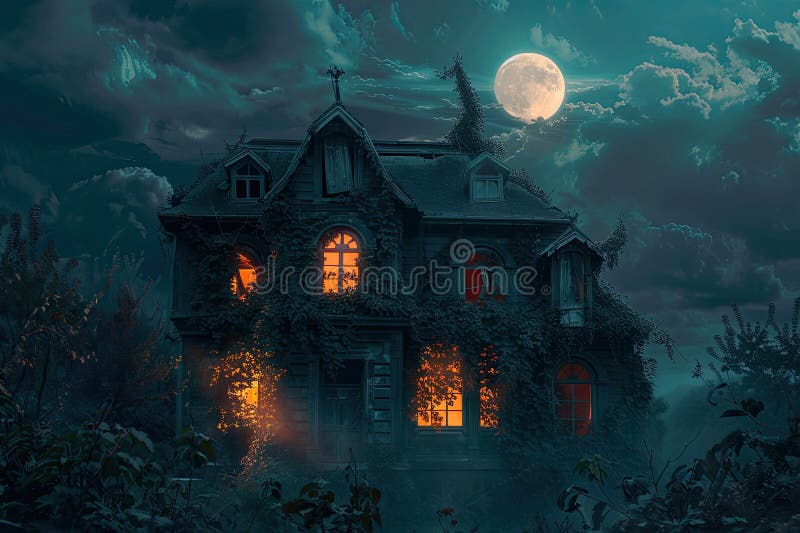 A Spooky Haunted House with Broken Windows, Overgrown Vines, and ...