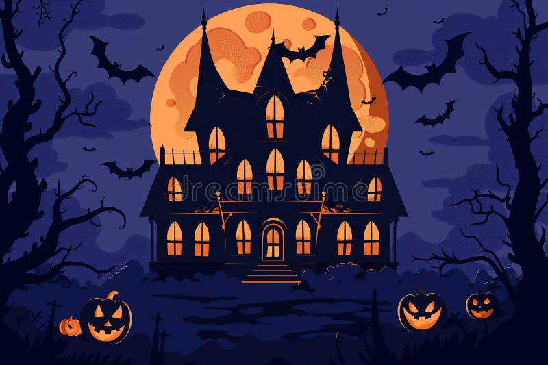 A Spooky Haunted House with Glowing Windows Stands Under a Full Moon on ...