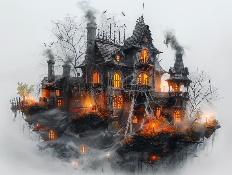 Spooky Haunted House with Glowing Windows, Surrounded by Mist and Crows ...