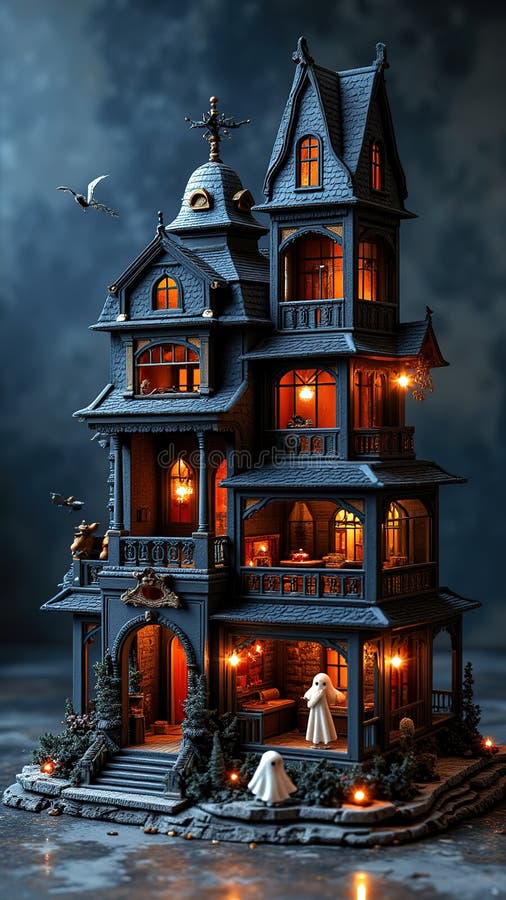Spooky Haunted House Model with Glow and Ghostly Figures Stock ...