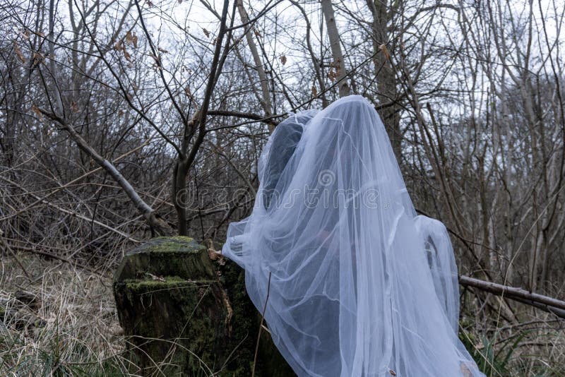 A Spooky Horror Concept of a Ghostly Figure Sitting on a Log in a ...