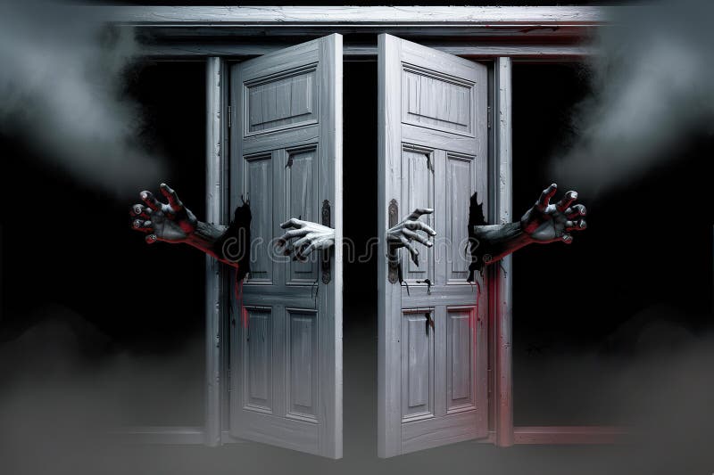 Eerie Hands Emerging Foggy Open Doors - Chilling Horror Illustration ...