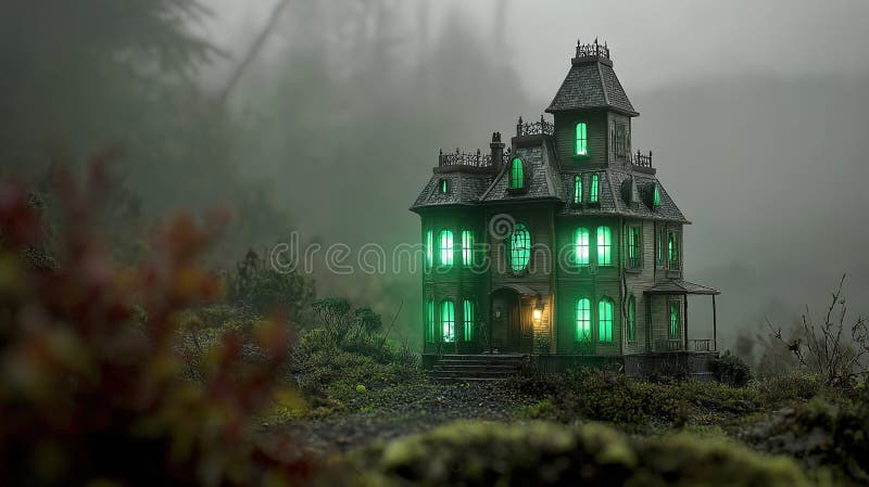 Spooky House with Glowing Windows in a Misty Forest Setting Stock Image ...