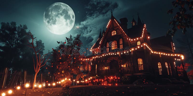 A Spooky House Illuminated with Halloween Lights on a Full Moon Night ...