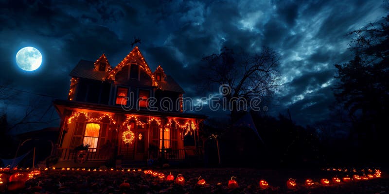 A Spooky House Illuminated with String Lights Under a Full Moon on a ...
