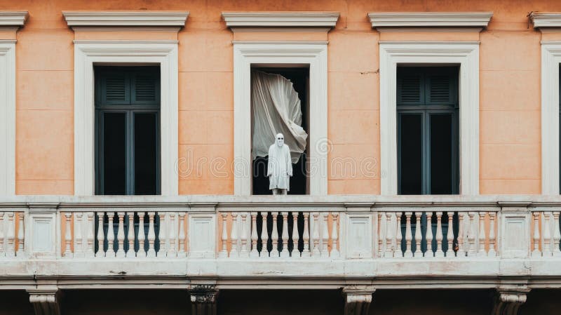 Ghostly Figure in Window of Old Building with Balustrade Stock ...