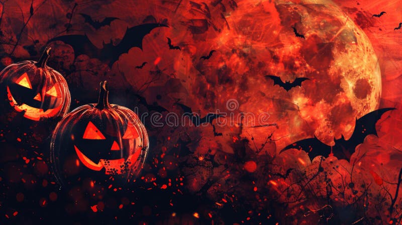 Spooky Image of Two Halloween Pumpkins with Bats Flying in Front of a ...