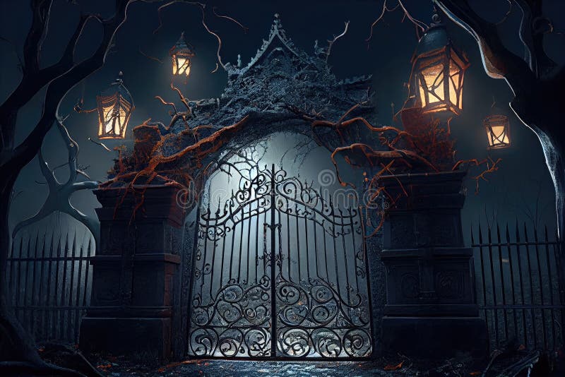 Spooky Iron Gates, Complete with Lantern and Cobweb, Surrounded by ...