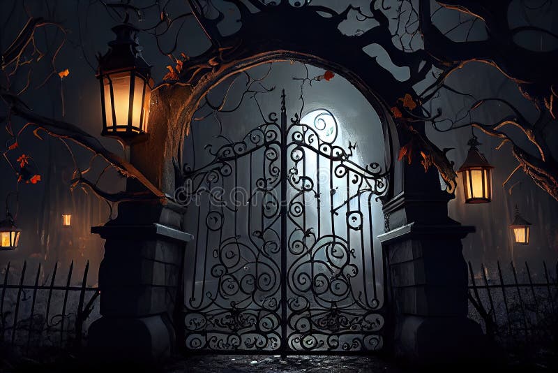 Spooky Iron Gates, Complete with Lantern and Cobweb, Surrounded by ...