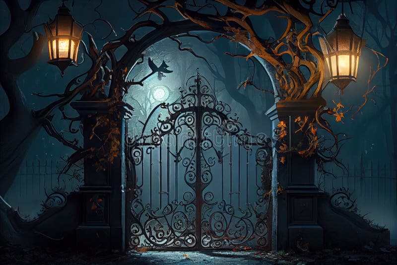 Spooky Iron Gates, Complete with Lantern and Cobweb, Surrounded by ...