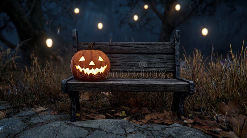 Spooky Jackolantern on a Bench in a Misty Eerie Setting Stock ...