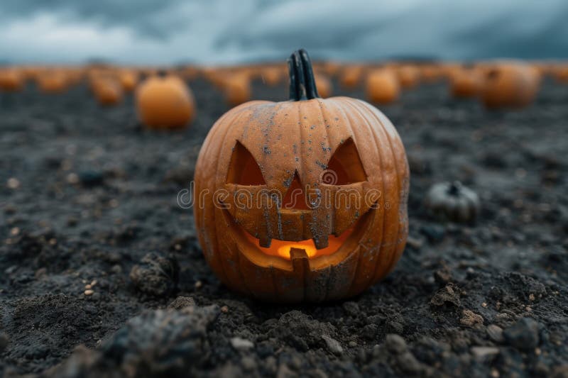 Spooky Jack-o -lantern in a Pumpkin Patch Stock Illustration ...