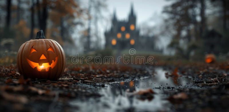 Spooky Jack-O -Lanterns Illuminating a Forest Path on Halloween Night ...