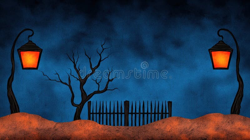 Spooky Landscape with Orange Lanterns a Bare Tree and an Eerie Fence at ...