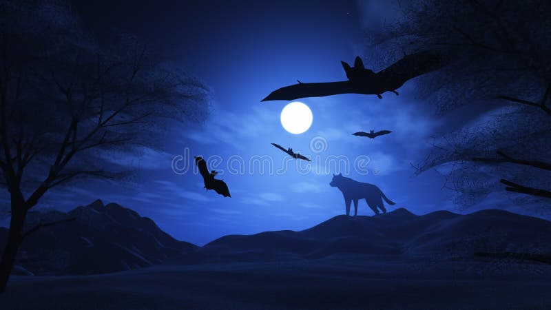 Spooky Landscape with Wolf and Bats Stock Illustration - Illustration ...