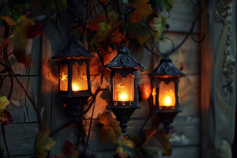 Spooky Lanterns with Flickering Lights Stock Illustration ...