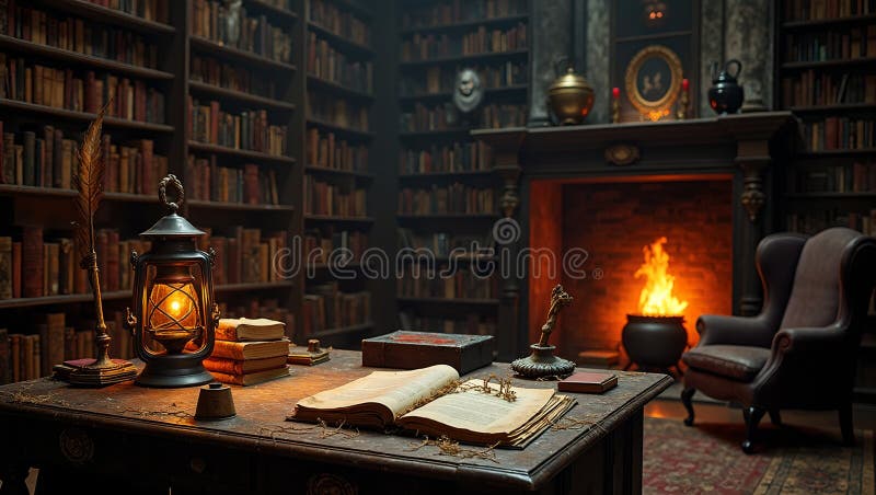 Spooky Library with Flickering Lantern Old Desk Cobweb Covered Armchair ...