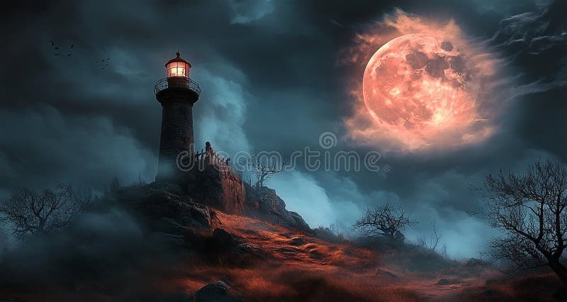Spooky Lighthouse on a Hill with Full Moon â€ Halloween Digital Stock ...