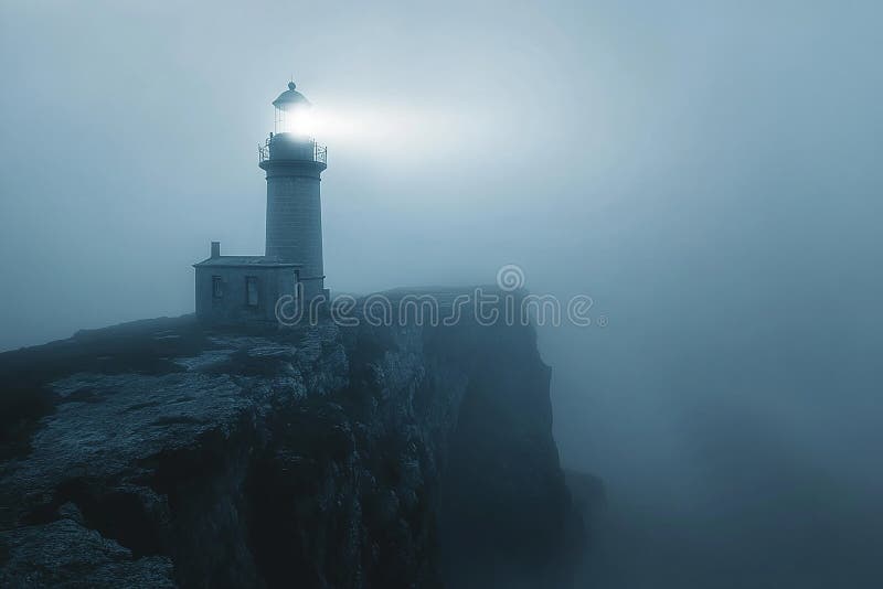 Spooky Lighthouse on a Cliff with Its Beam Cutting through the Fog ...