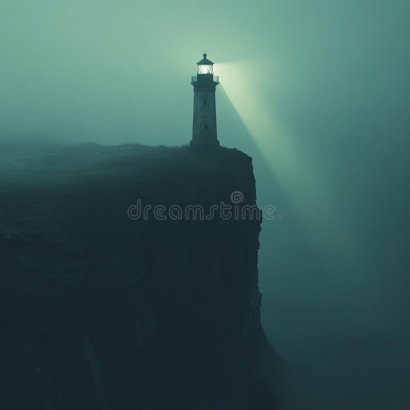 Spooky Lighthouse on a Cliff with Its Beam Cutting through the Fog ...