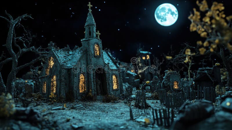 Spooky Miniature Village Scene Under a Full Moon Glow Stock ...