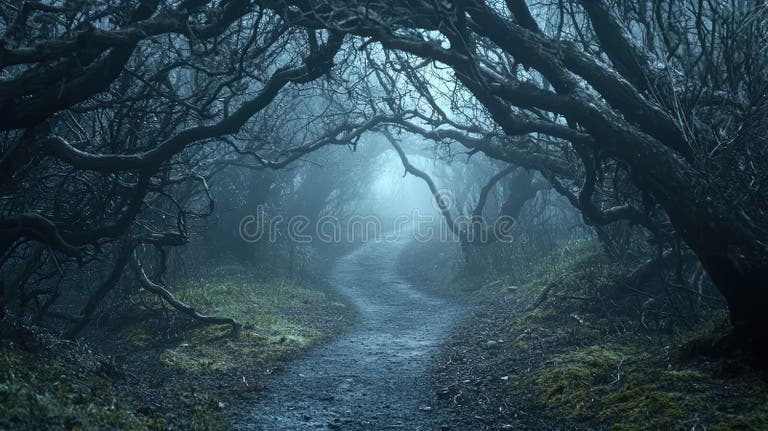 A Spooky, Mist-covered Pathway through a Haunted Forest Stock ...