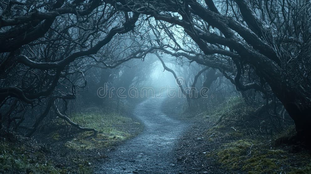 A Spooky, Mist-covered Pathway through a Haunted Forest Stock ...
