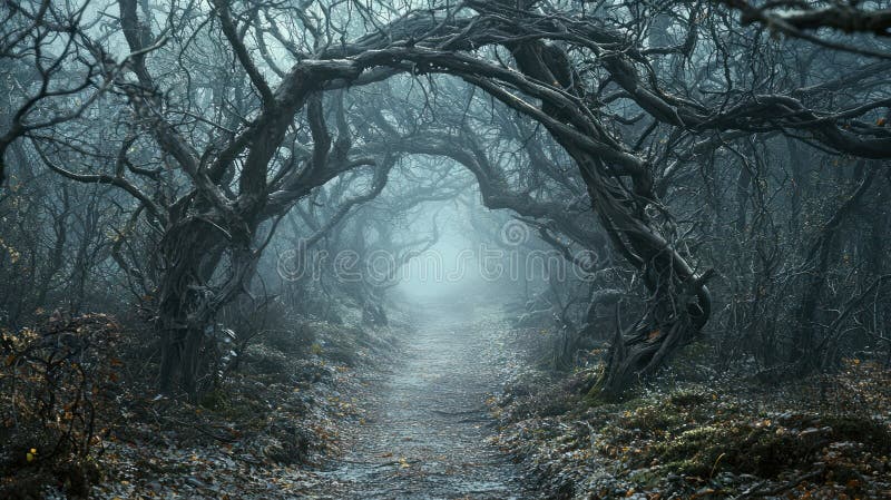 A Spooky, Mist-covered Pathway through a Haunted Forest Stock ...