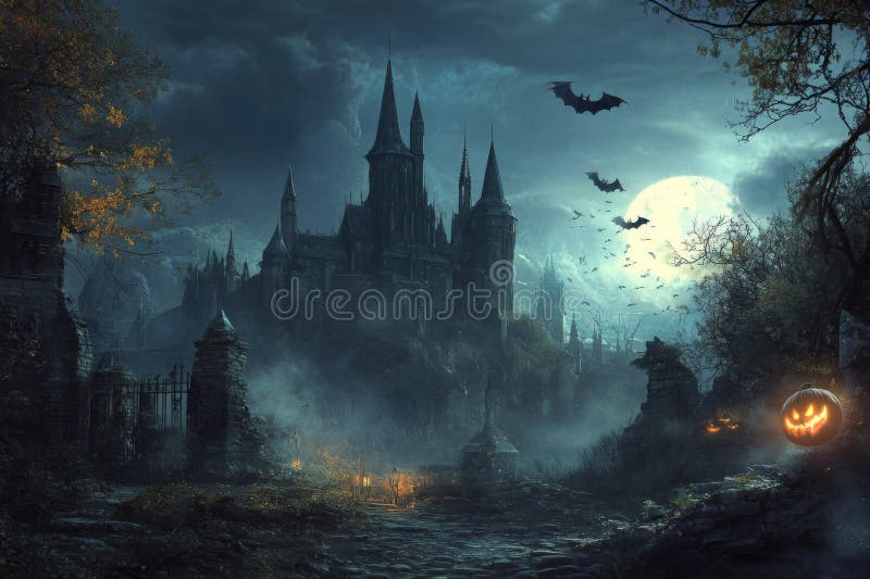 A Spooky, Moonlit Path Leading To a Gothic Castle with Bats Flying ...