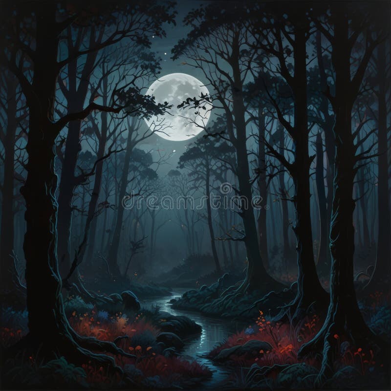 Spooky Moonlit Trail stock illustration. Illustration of fairy - 323861643