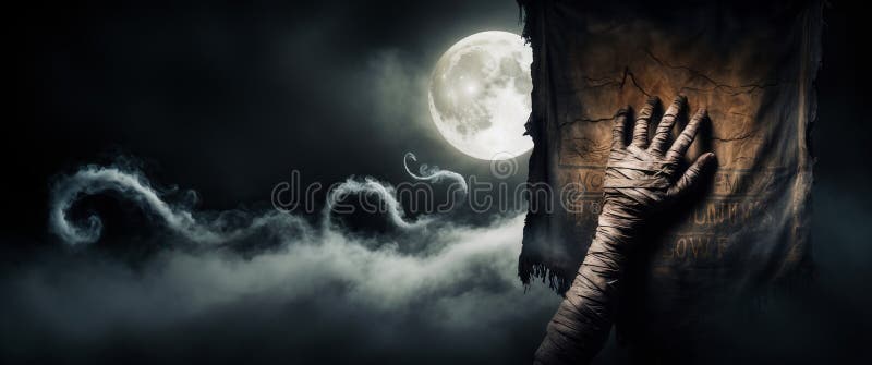 Mummy Hand Touching Ancient Scroll Under Full Moon Halloween Banner ...