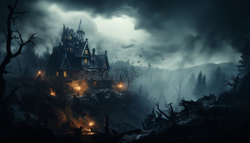 Spooky Night, Dark Forest, Evil Tree, Ghostly Tombstone, Abandoned Ruin ...